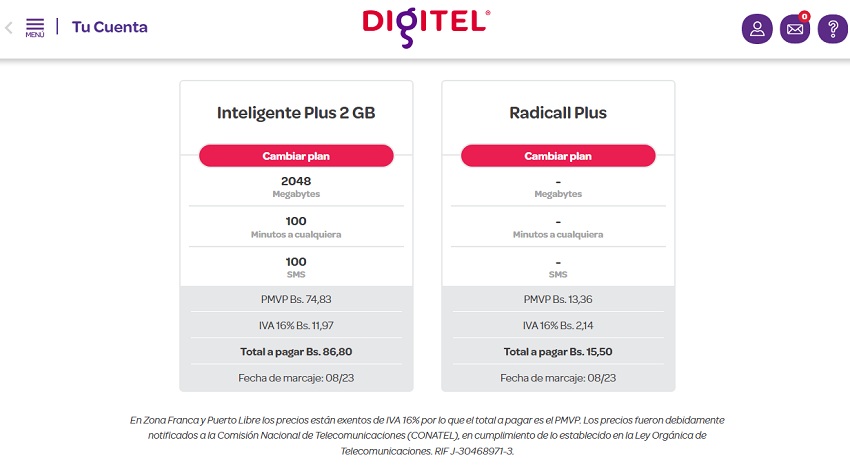 Por su parte, el plan Radicall Plus tiene un costo de Bs. 15,50 o US$0 ...